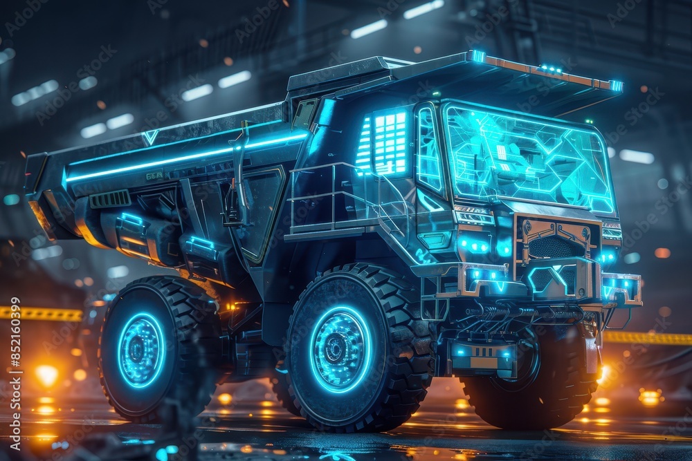 Futuristic AI-driven dump truck with neon lights in a high-tech ...
