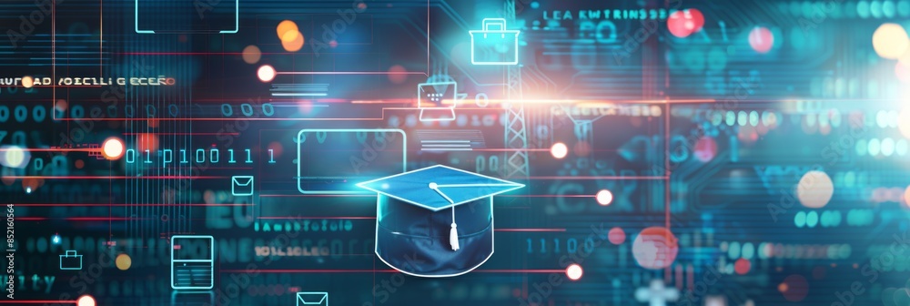 Digital education concept with icons of computer, graduation cap and ...