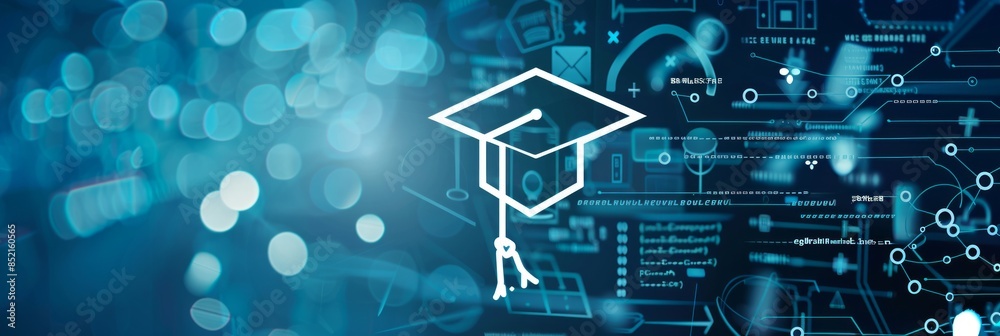 Digital education concept with icons of computer, graduation cap and ...