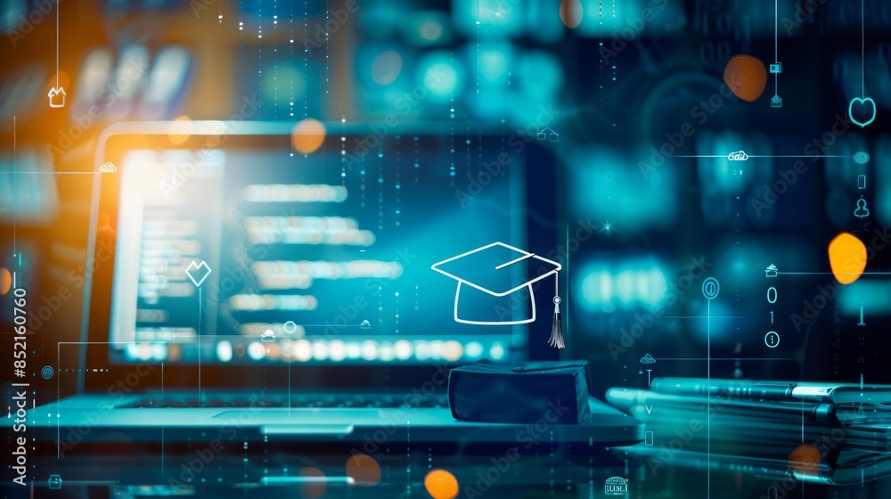 Digital education concept with icons of computer, graduation cap and ...