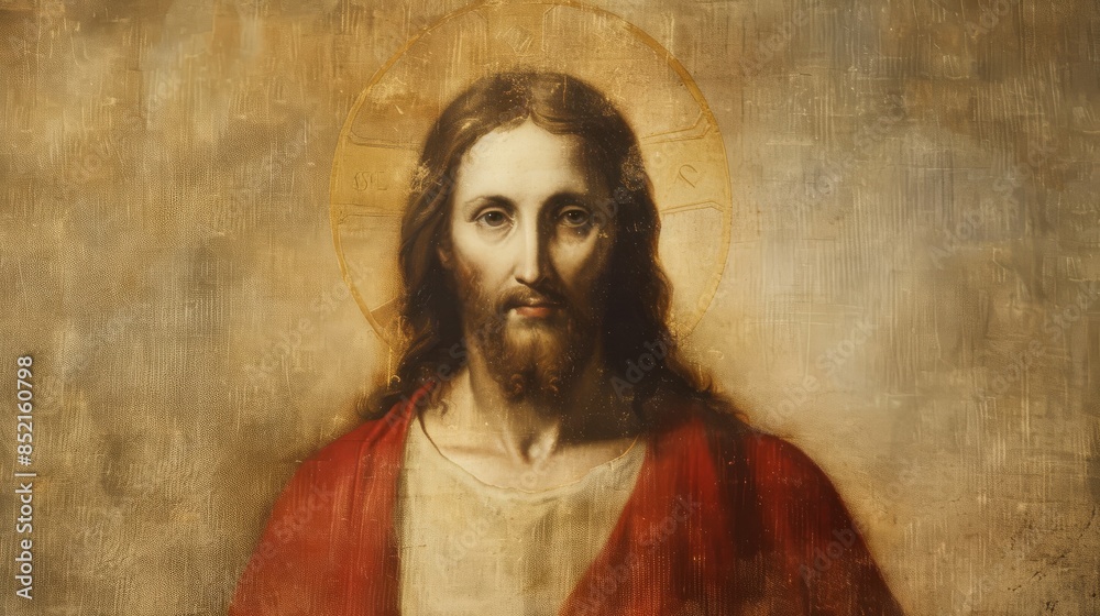 An antique painting of Jesus Christ wearing a red robe, depicting the ...