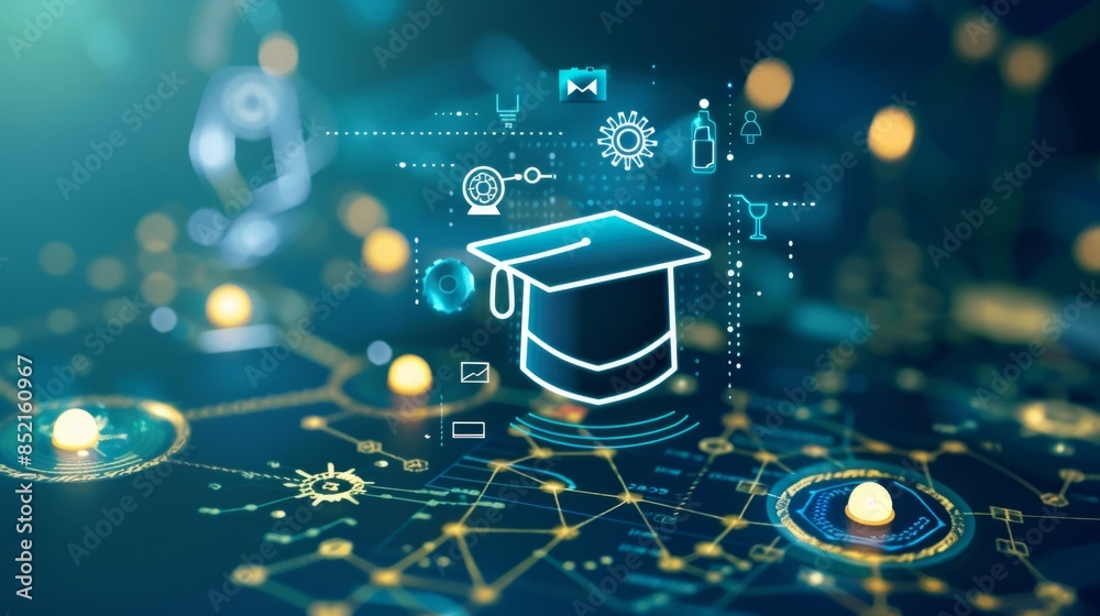 Digital education concept with icons of computer, graduation cap and ...