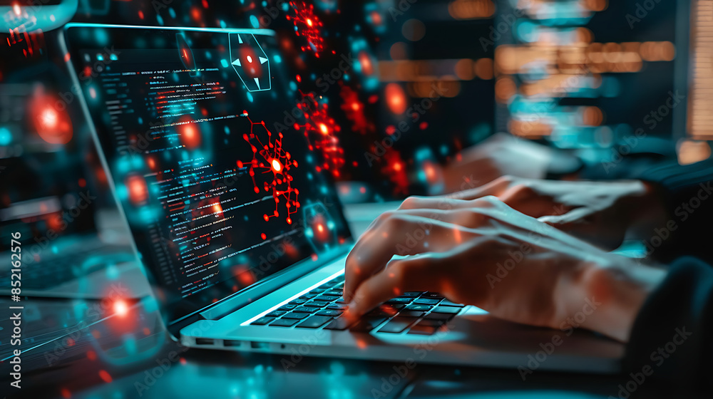 a cybersecurity concept, with a person’s hands typing on a laptop ...