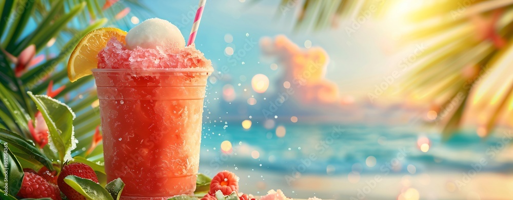 Colorful rainbow slushie drink in plastic cup on blurred tropical ...
