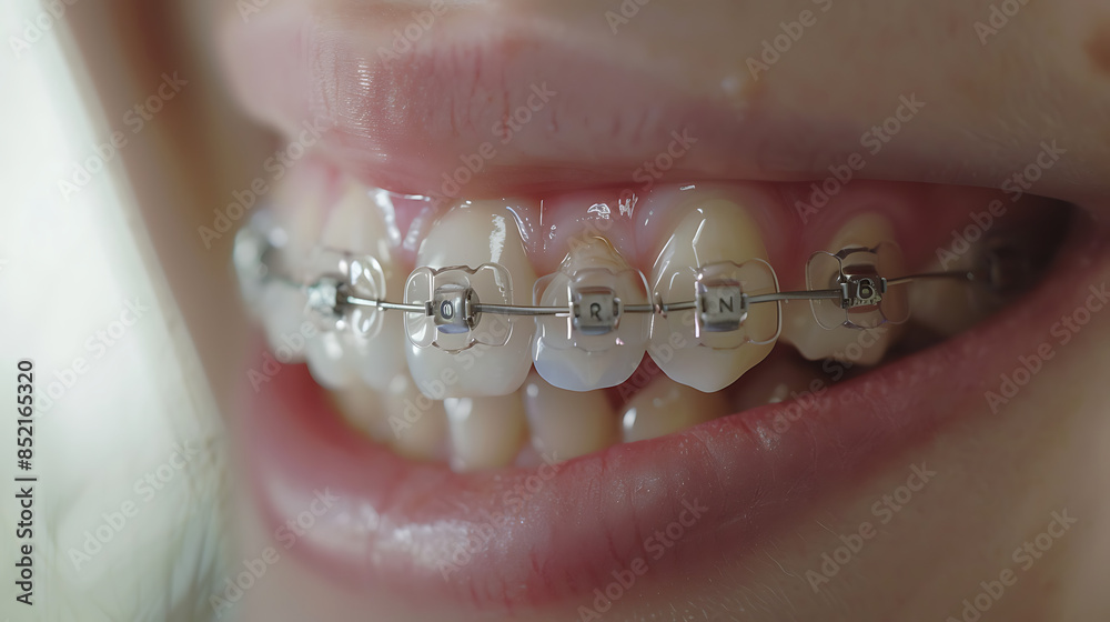 a close-up of a person’s smile with clear braces on their teeth. These ...