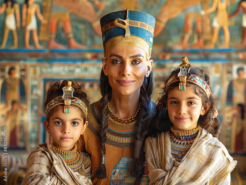 Nefertiti with her daughters, showcasing her role as a mother, with the ...