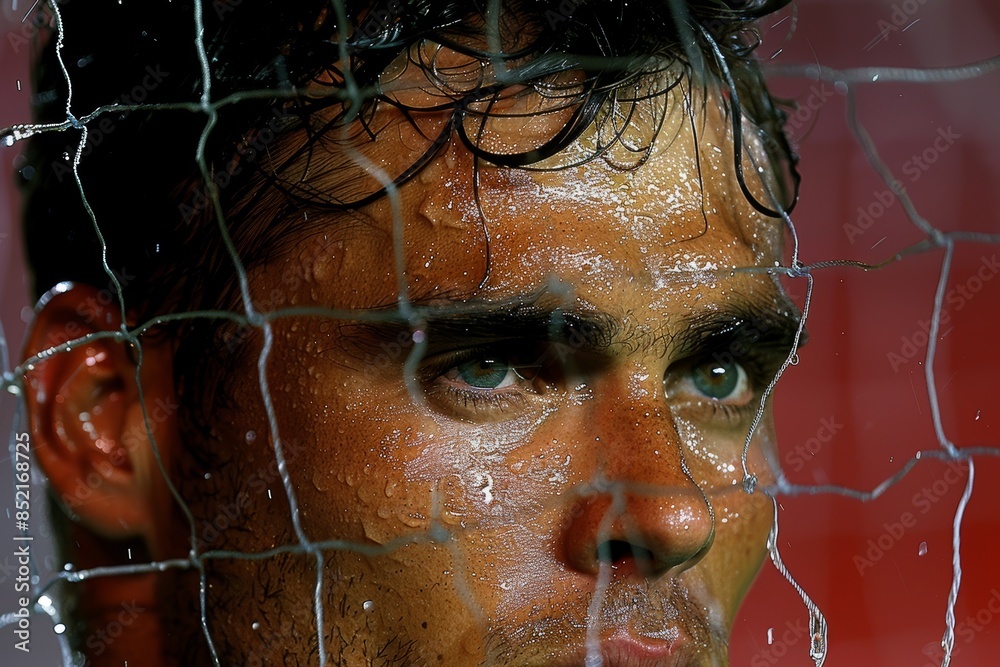 A professional male tennis player with dark hair and blue eyes is seen ...