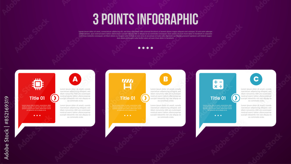 3 points or step process infographic with big callout comment box with ...