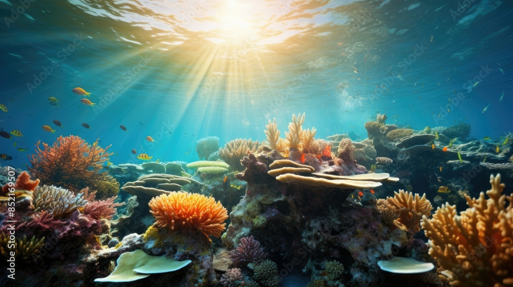 Photograph of an underwater view of a vibrant coral reef teeming with ...
