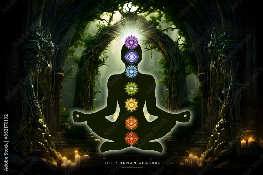 Human silhouette in yoga, lotus pose with 7 Chakras, mystical temple ...