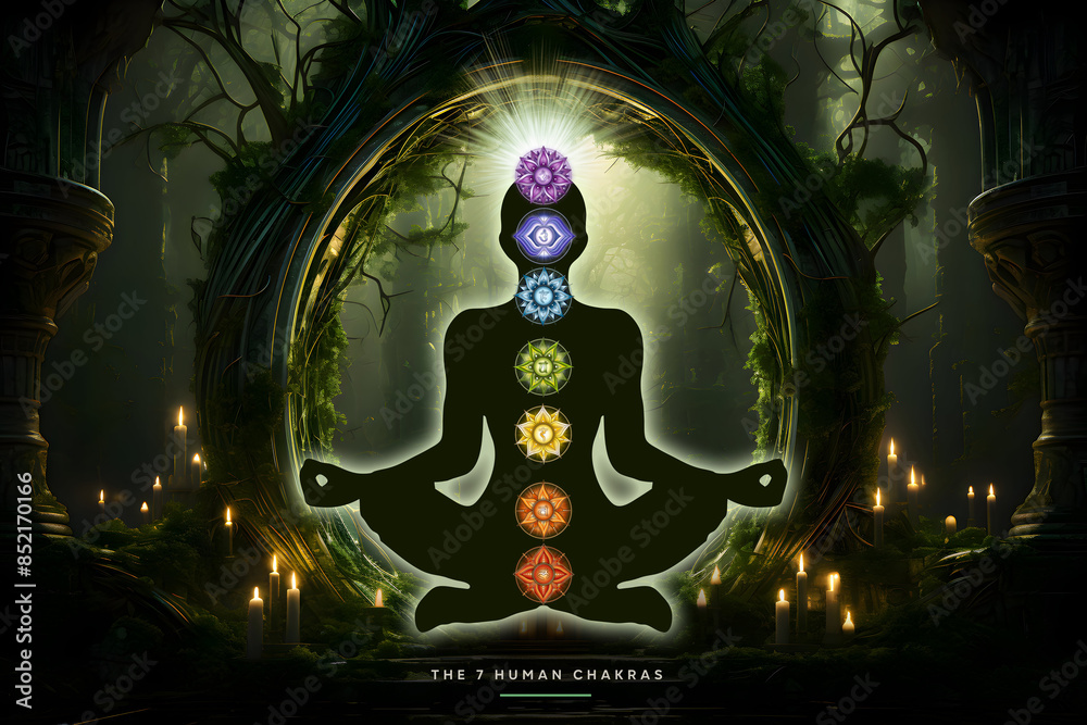 Human silhouette in yoga, lotus pose with 7 Chakras, mystical temple ...
