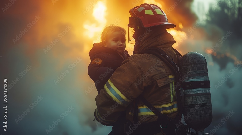 A firefighter in full gear, emerging from a smoky building, carrying a ...