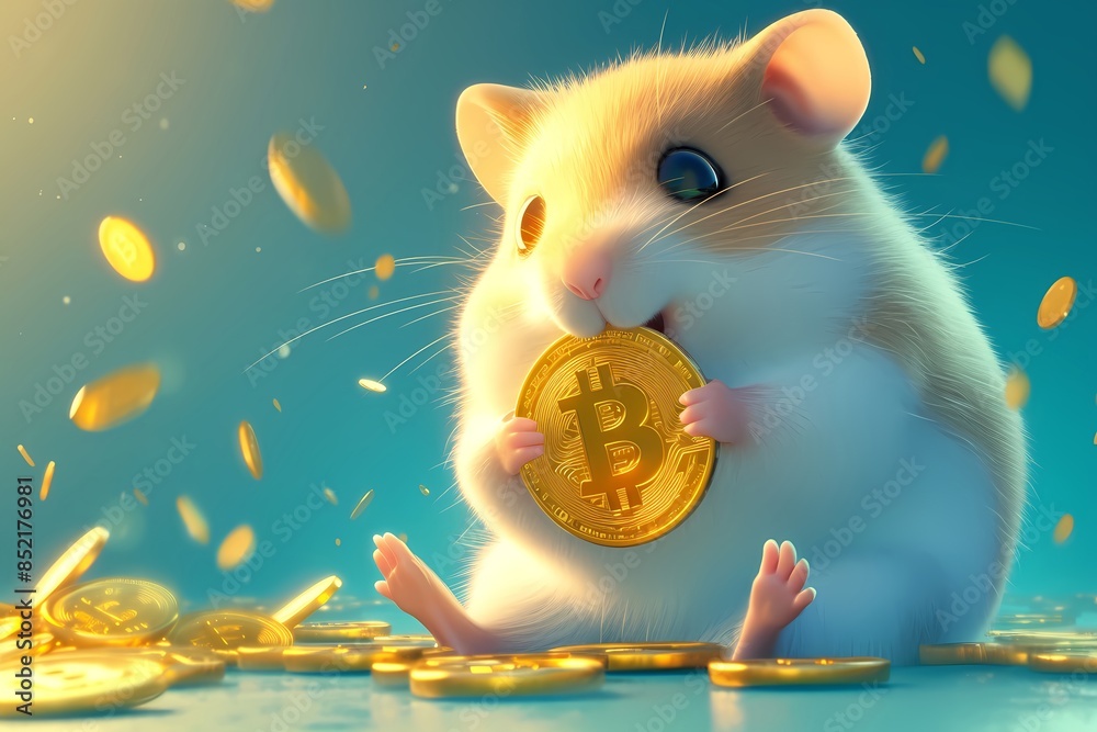 Cute little rich hamster sitting on a pile of coins and holding golden ...
