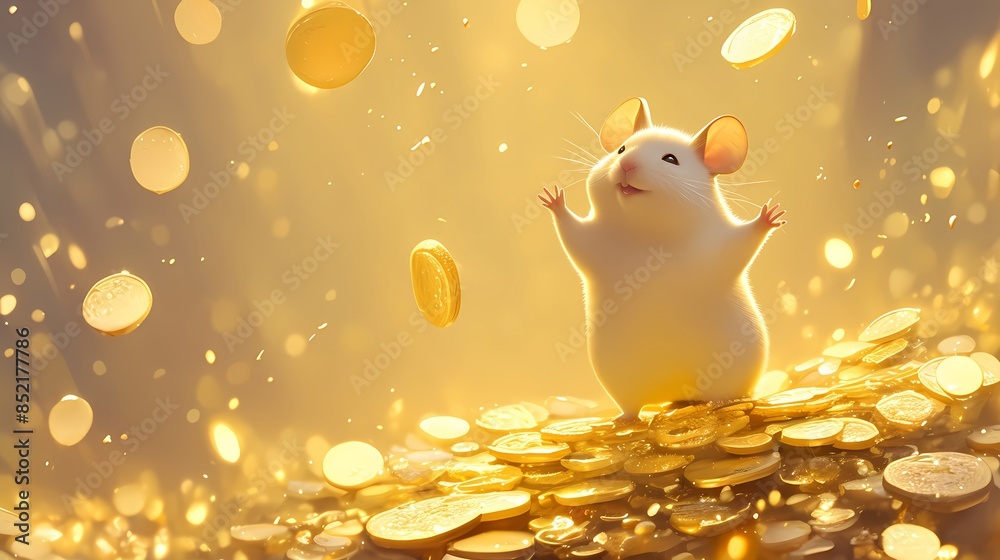 Cute little rich hamster sitting on a pile of coins on yellow ...