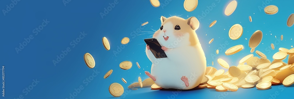 Cute little rich hamster holding mobile phone in paws on blue ...