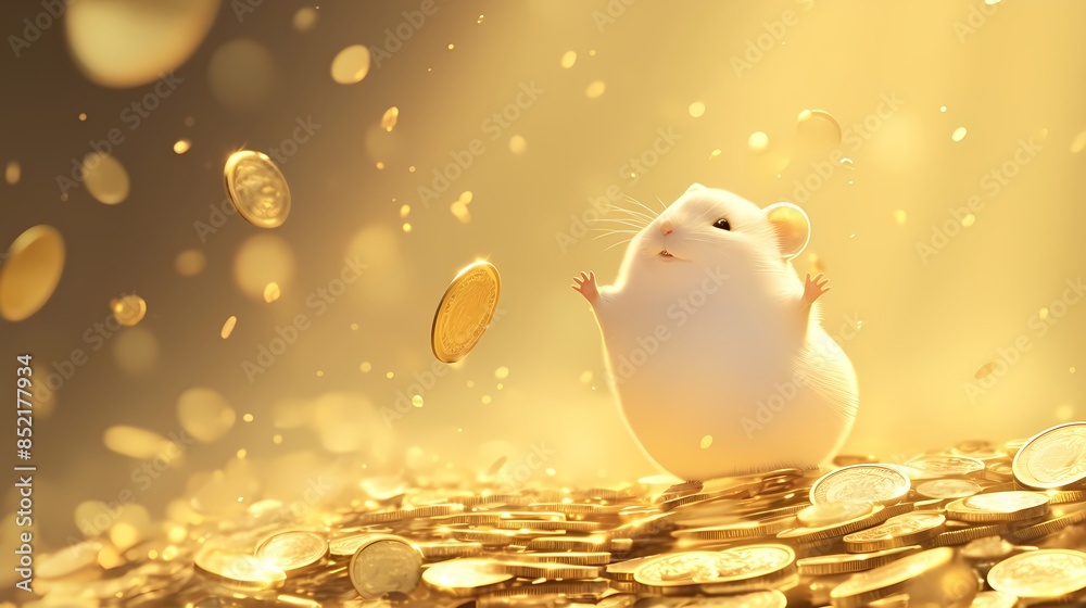 Cute little rich hamster sitting on a pile of coins on yellow ...