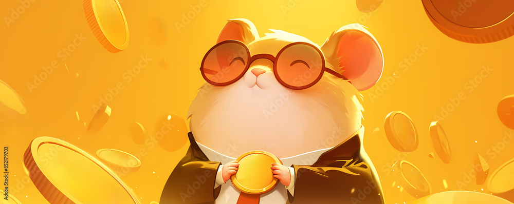 Cute little rich hamster wearing business suit holding golden coin in ...
