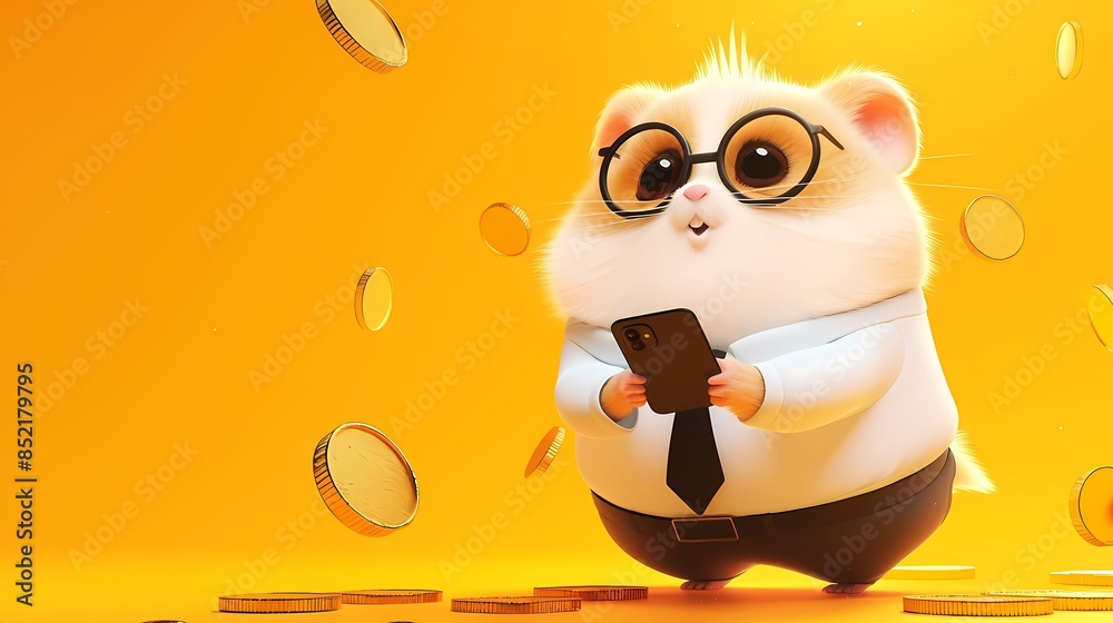 Cute little rich hamster wearing business suit holding mobile phone in ...
