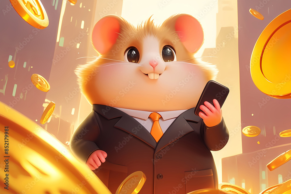 Rich hamster wearing business suit holding mobile phone, golden coins ...