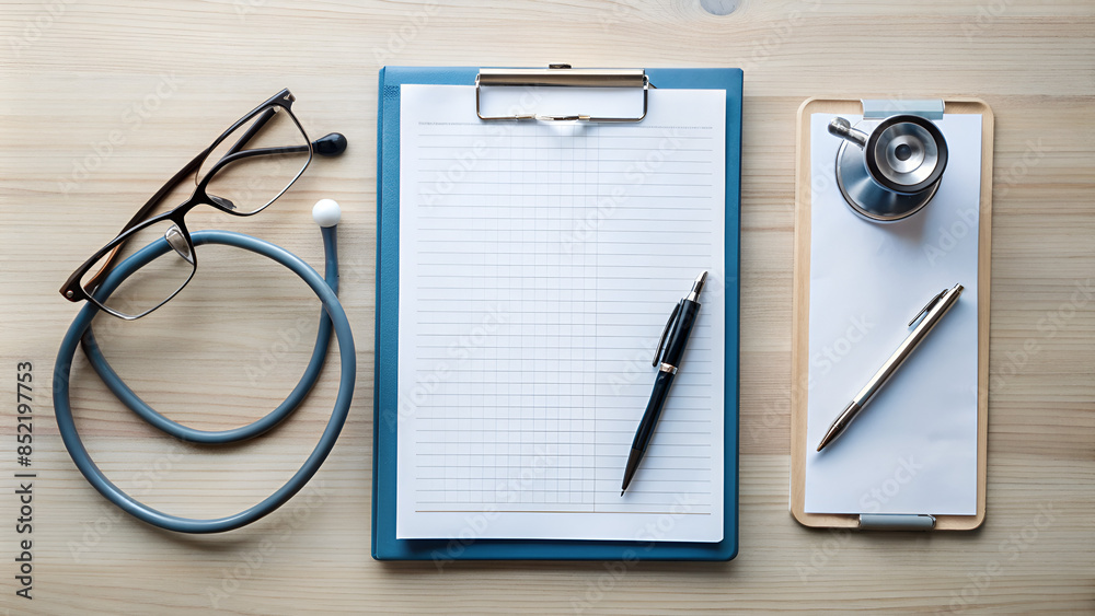 Doctor's working table with stethoscope acoustic medical device ...