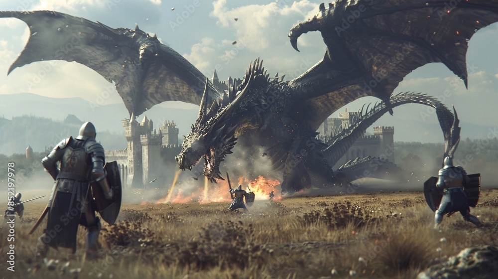 Epic medieval battle: knight vs fire-breathing dragon at the castle ...