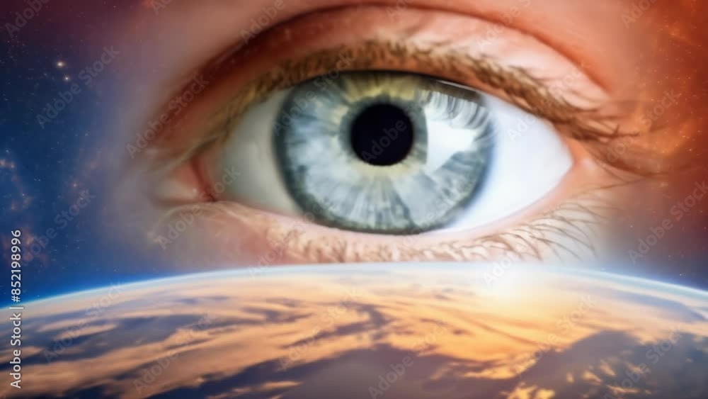 A surreal image featuring a large, detailed eye overlooking a cosmic ...