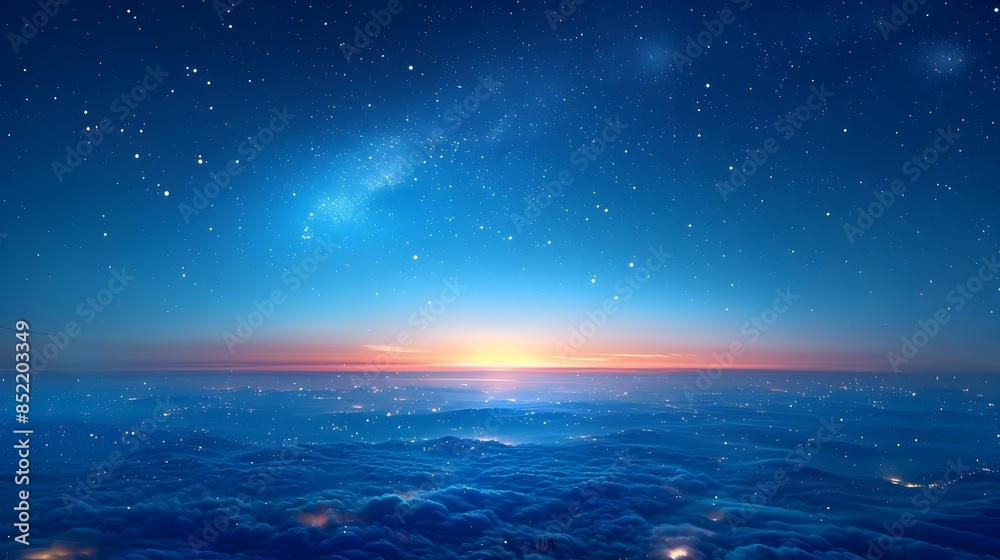Starry night sky with a view of the horizon and clouds. Digital artwork ...