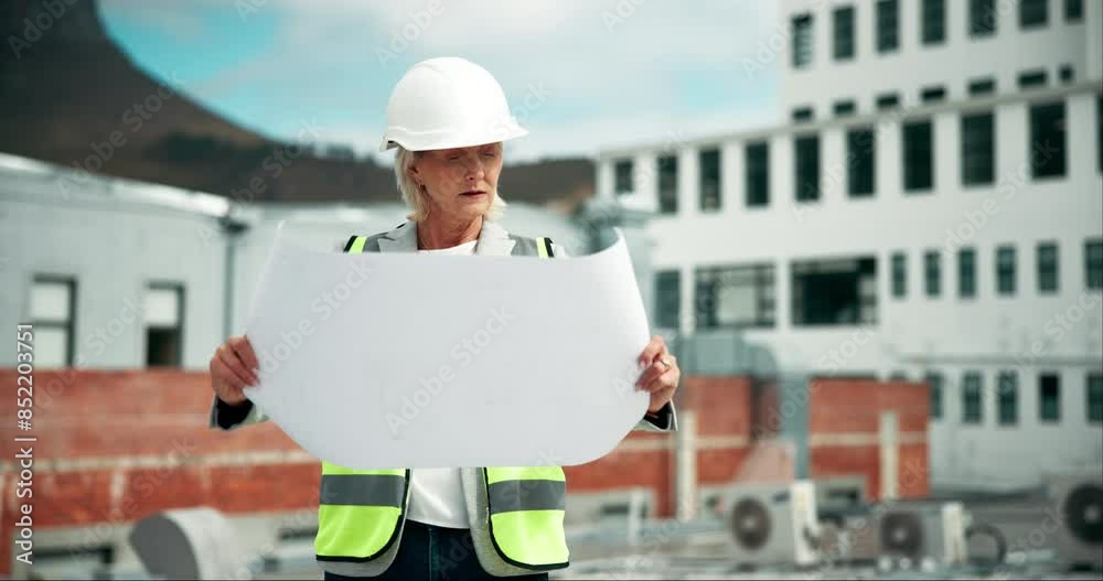 Woman, blueprint and building for engineering thinking, idea for city ...