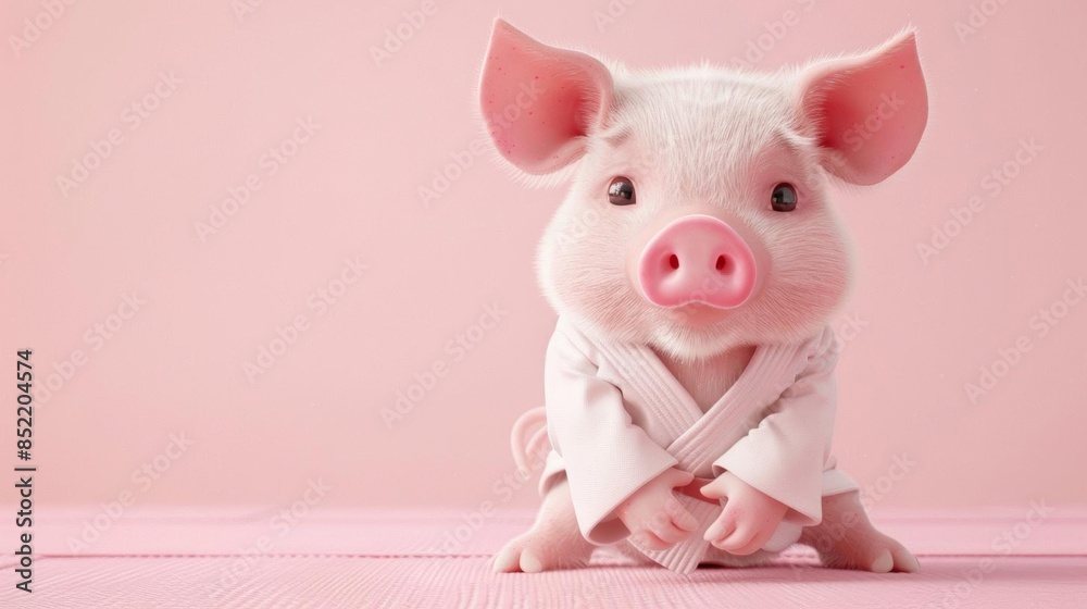 3D cute pig with judo belt, sparkling eyes, dojo arena, striving for ...