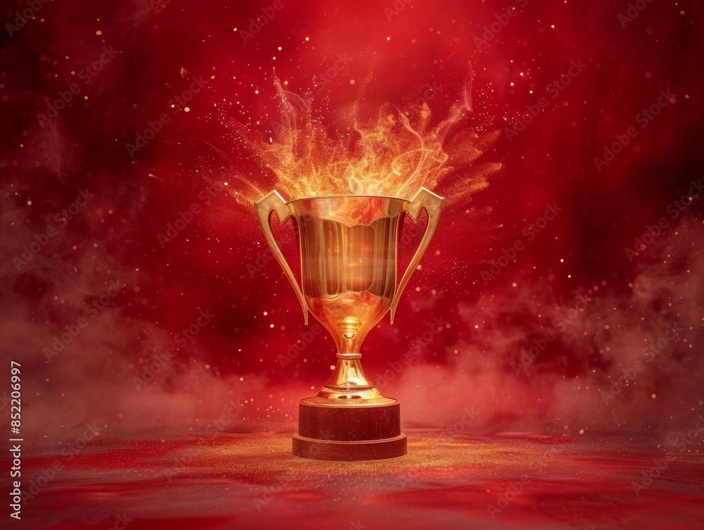 Gold trophy cup on red abstract background, isolated, symbolizing ...