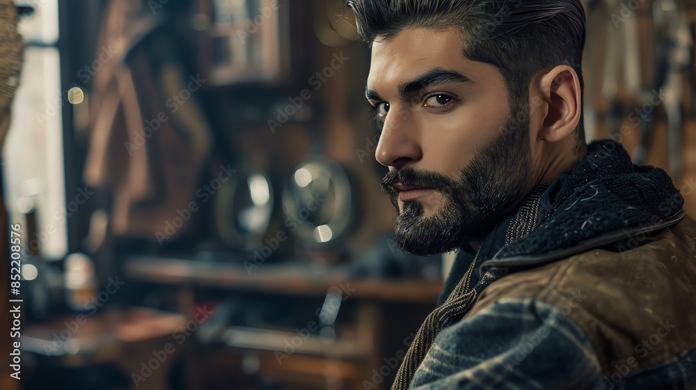 A rugged man with a well-groomed beard and stylish haircut, glancing ...