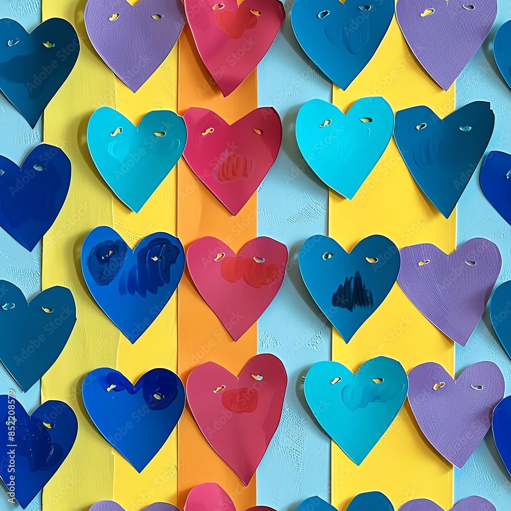 A children's art project with symmetrical heart cut-outs in various ...