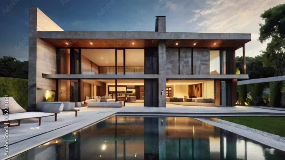 Luxury modern home with backyard swimming pool,4k digital video created ...