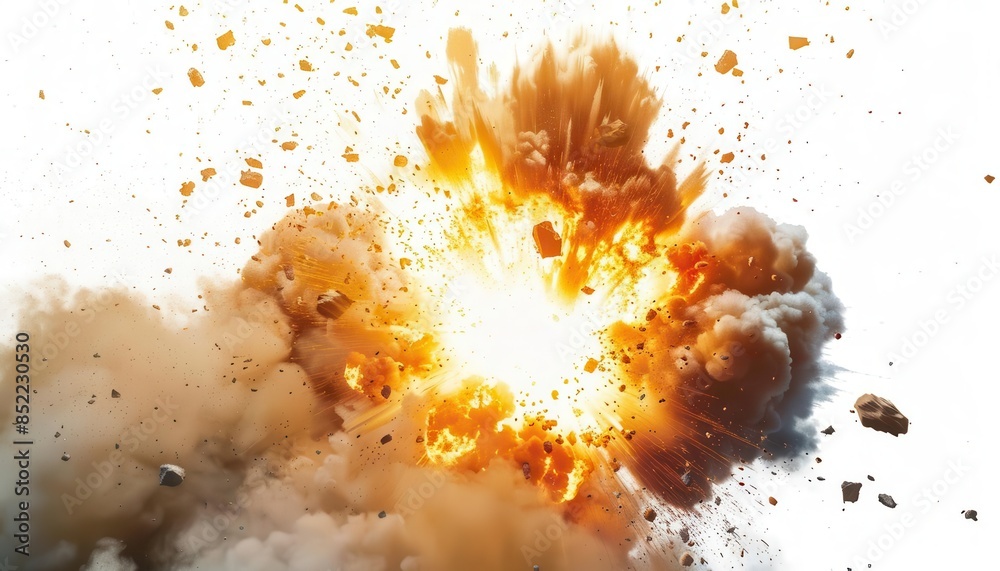realistic explosions with fire smoke and debris isolated on white ...