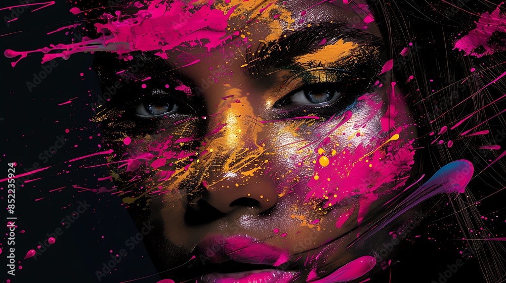 The face of a beautiful woman is painted with CMYK paint, splashes and ...