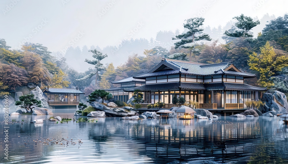 tranquil japanese lakeside resort with traditional architecture serene ...