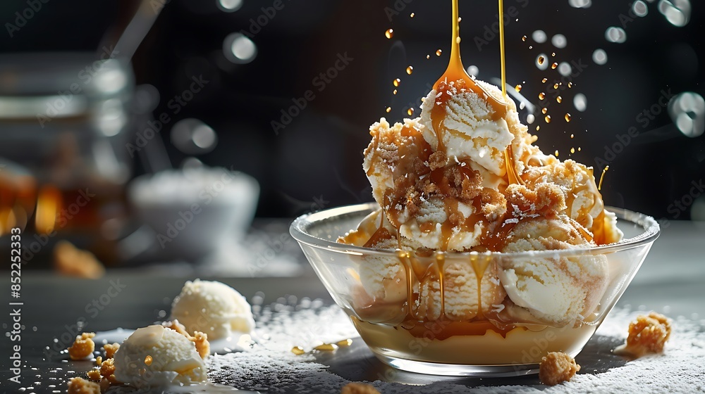 food photography of an ice cream sundae with caramel drizzle, coconut ...