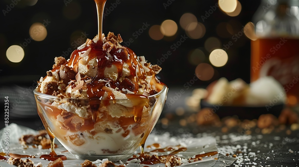 food photography of an ice cream sundae with caramel drizzle, coconut ...