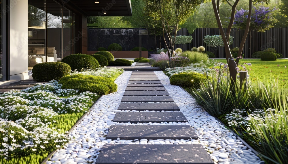 "Contemporary Garden with Staggered Stone Path and Ornamental Grasses ...