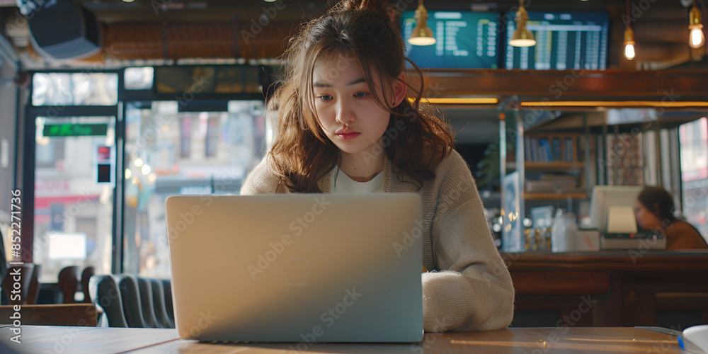 study abroad, Asian girl, stressed, headache, doing homework, education ...
