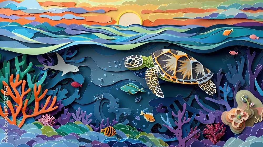 Cartoon sea paper cut, underwater landscape with turtle and seaweeds ...