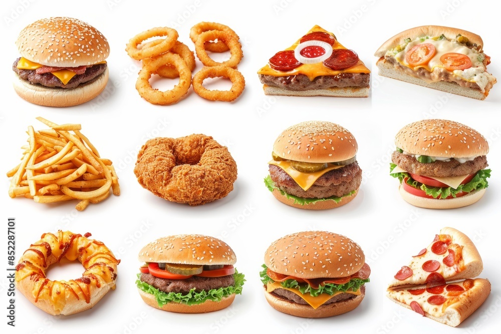 A collection of various fast food items including burgers, fries, onion ...