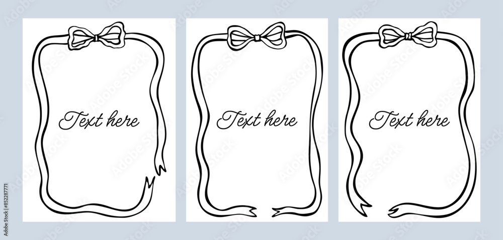 Hand drawn black frames with cute bow isolated on background. Set bow ...