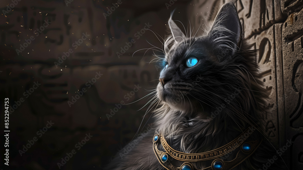 An ethereal Persian cat with sapphire-blue eyes, depicted as an ancient ...
