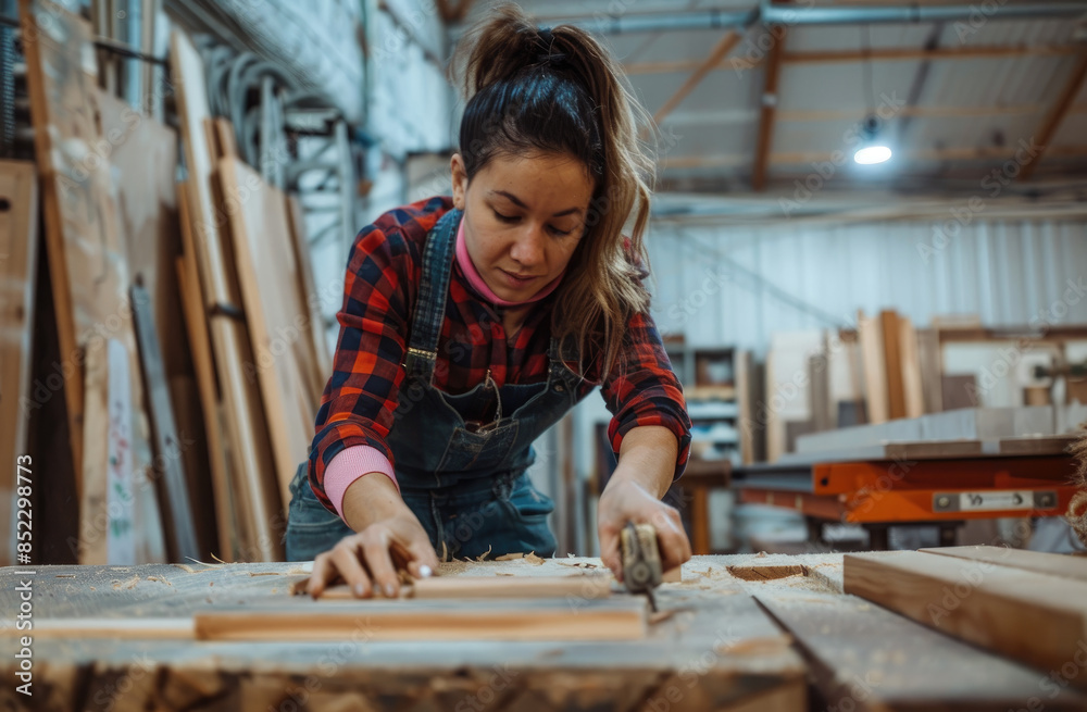 an attractive female carpenter in her mid-30s working on wood. She is ...