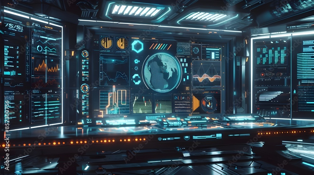 Digital control panel in spaceship command center futuristic screens future space tech UI Stock ...