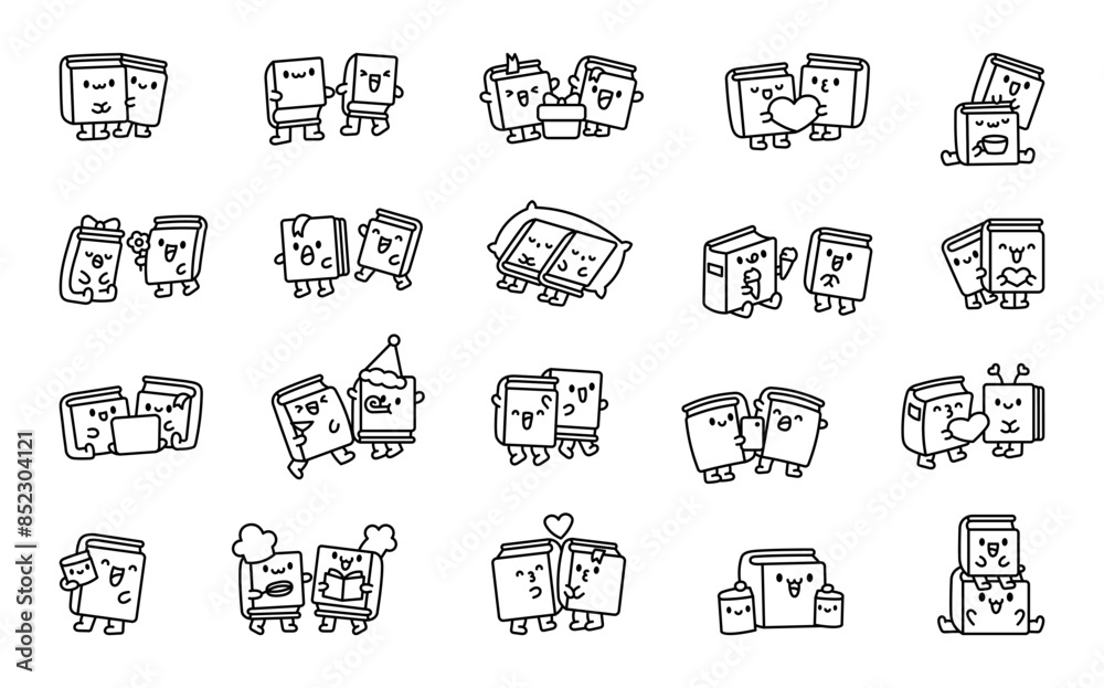 Couple cute books. Coloring Page. Funny characters. Hand drawn style ...