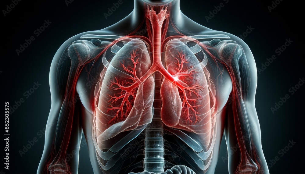 A detailed and focused medical illustration, showing a cross-sectional ...