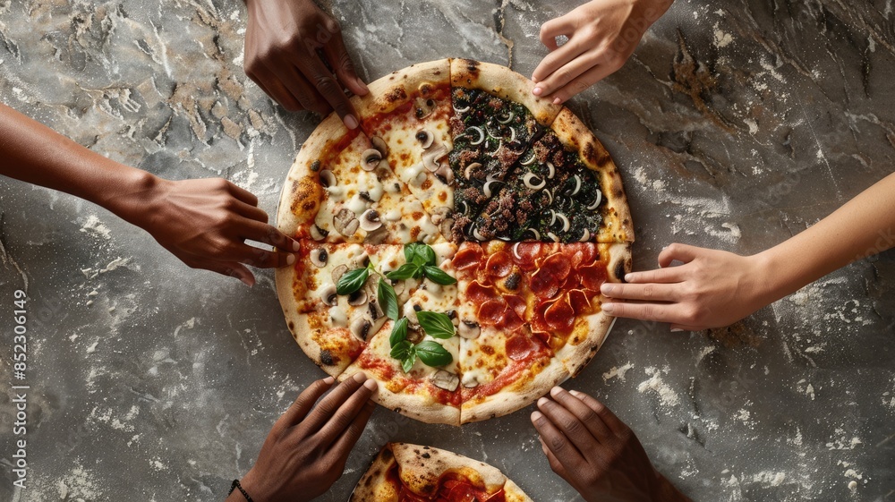 Diverse people hands reaching for a mixed topping pizza on a flour ...