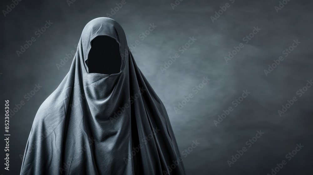 A figure stands enshrouded in a dark, hooded cloak against a moody gray ...